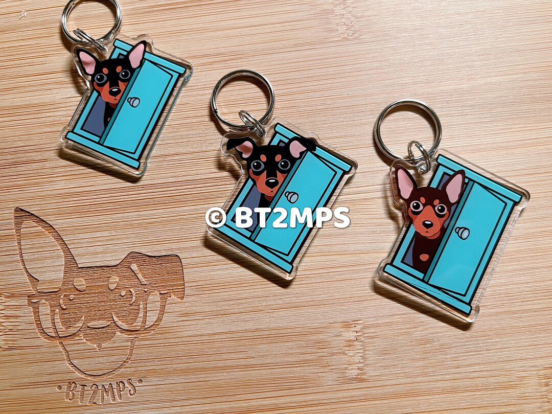 Min Pin Acrylic Keychain: Miniature Pinscher Peeking Behind Blue Door ...
