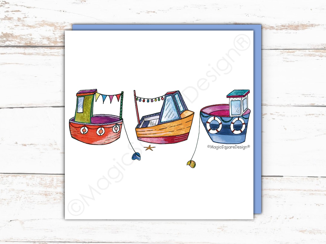 Coastal Bright Fishing Boats Card - Cheerful Seaside Greetings! Cornish ...