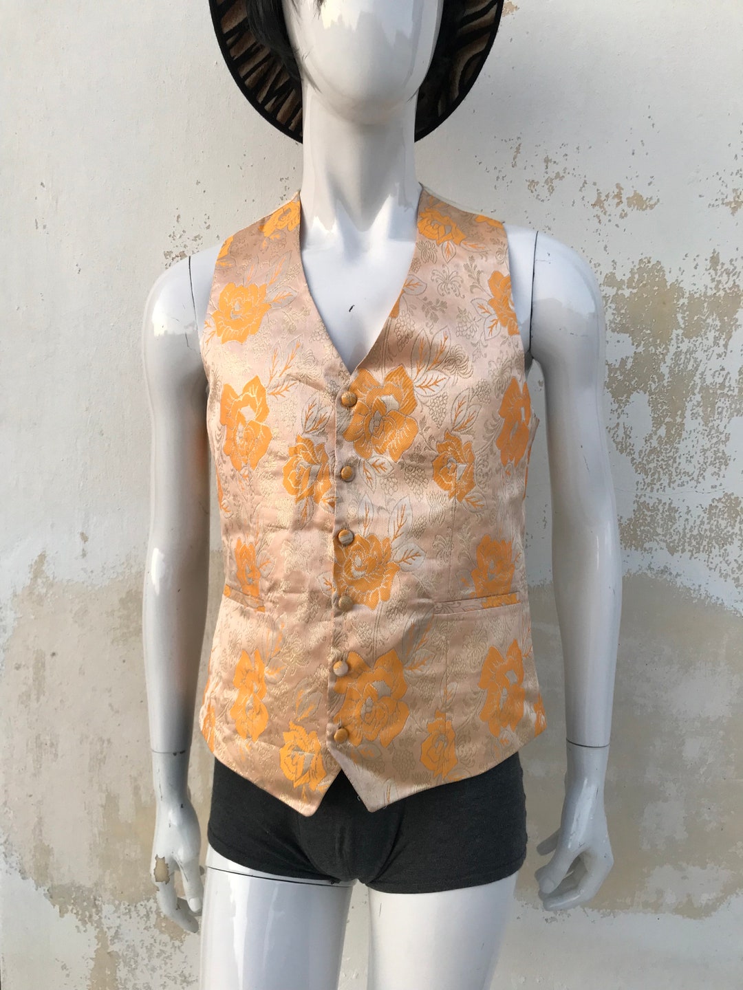80's Vintage Brocade Satiny Kitschy Formal Vest With Bright Yellow ...
