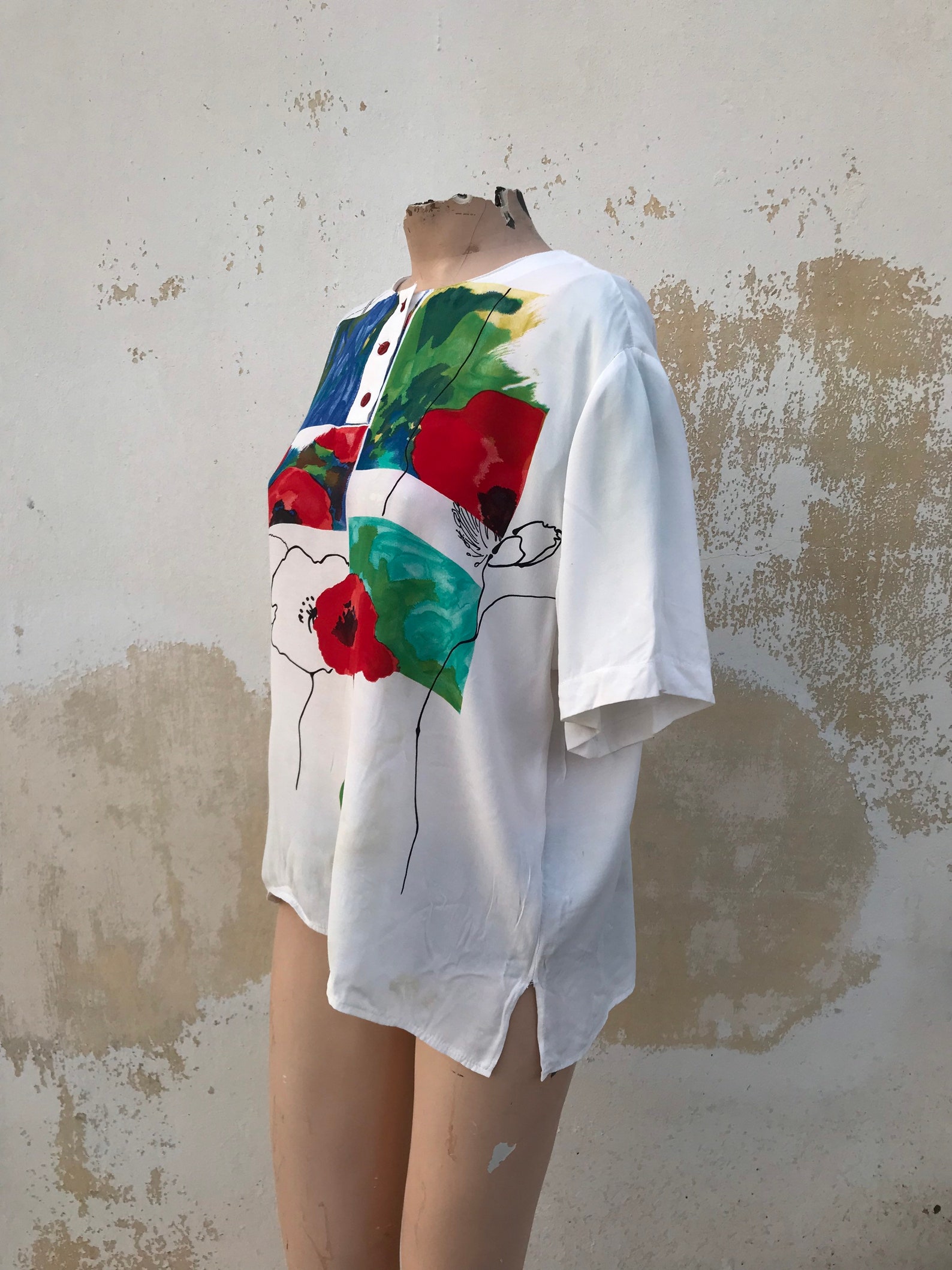 Crazy Patterned 80s Henley Loose Blouse, Features Prints Like Paintings ...