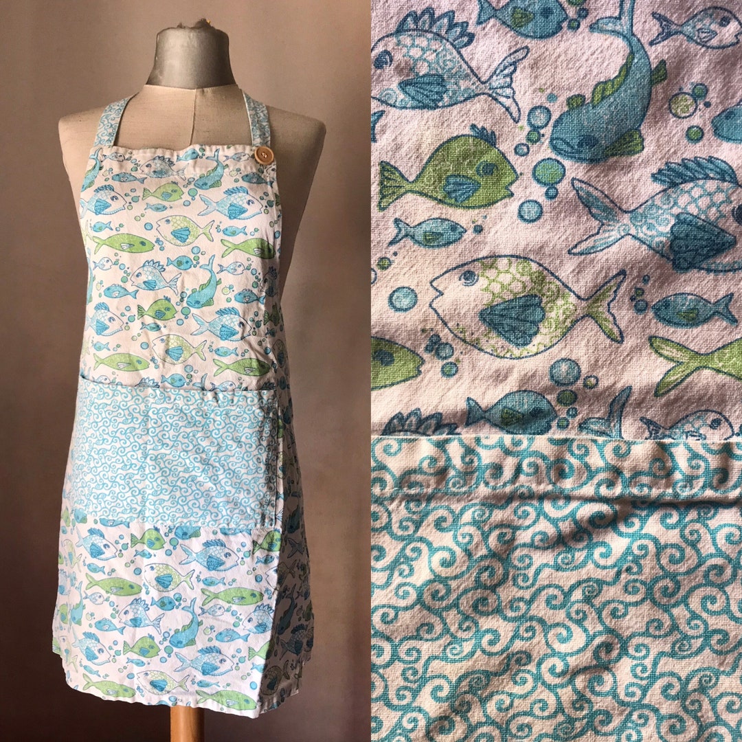 Cotton 90s Vintage Fish Patterned Waist Apron in Pal Colors : Light ...