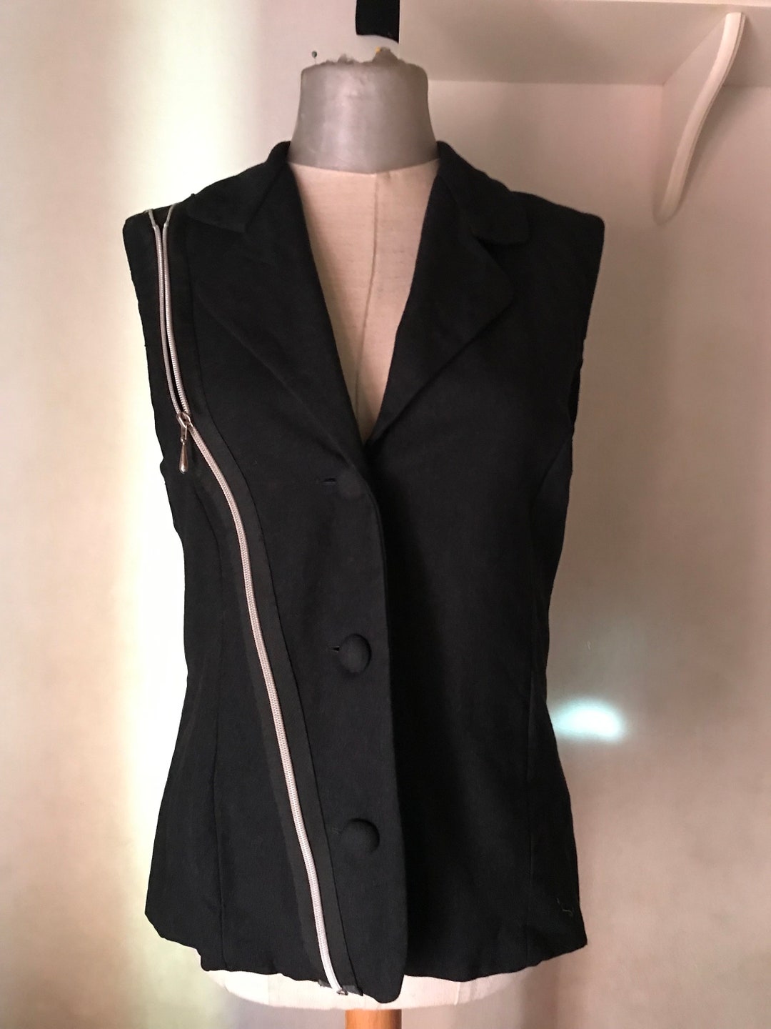 Woolen Black 80's Vintage Buttoned Vest Featuring Side Zipper. Unisex ...