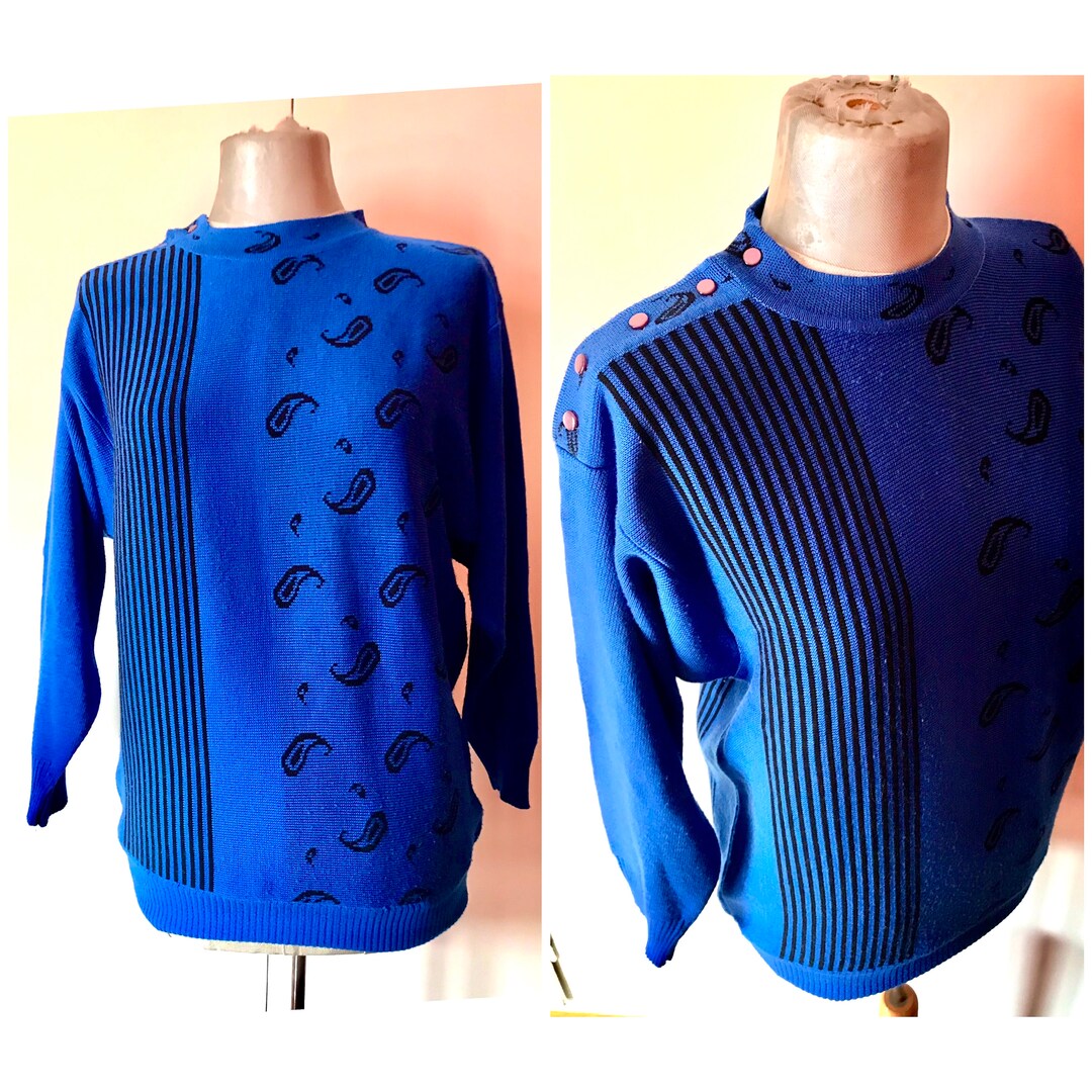 Electric Blue Kitschy Cute 80s Vintage Sweater Features Half Striped ...