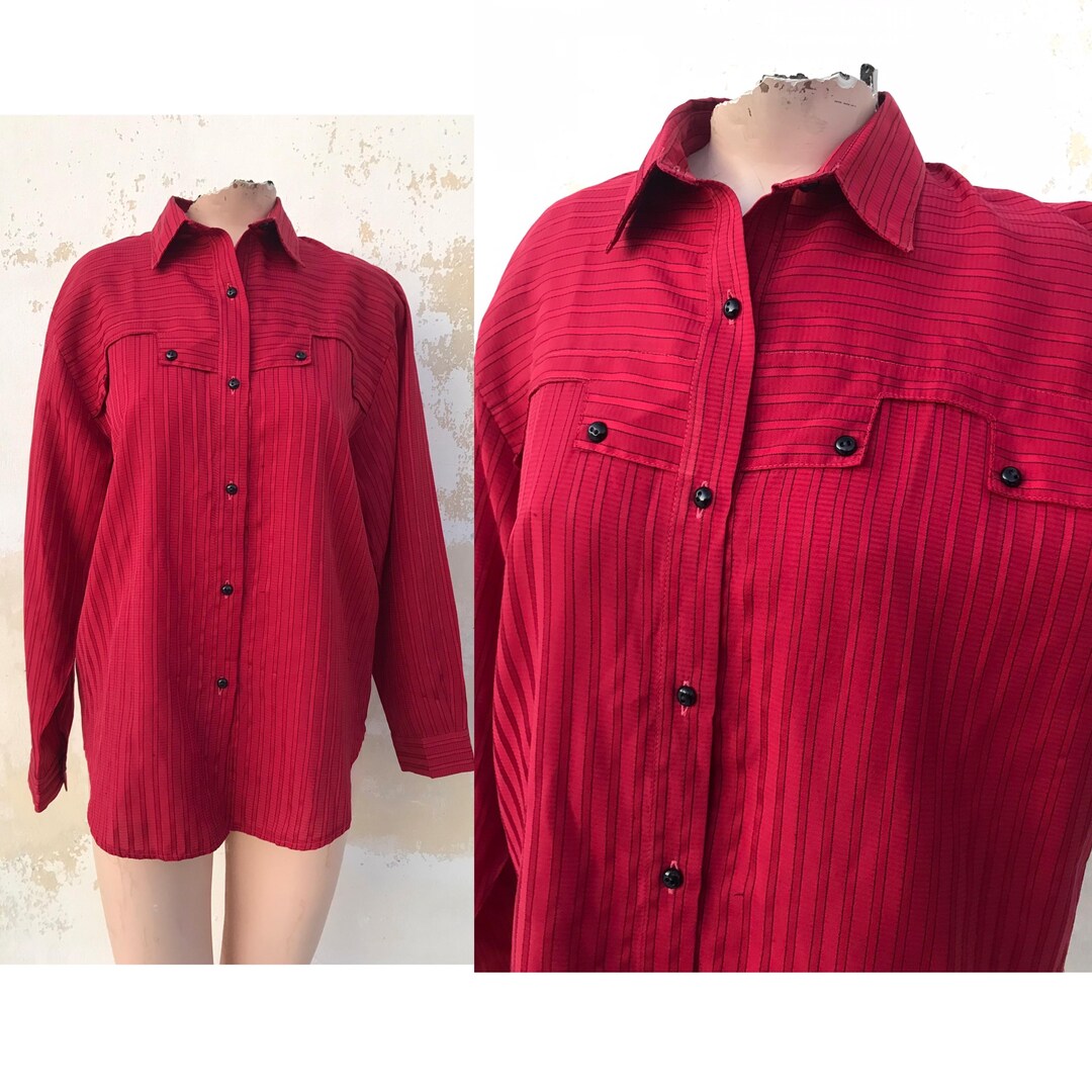 Red Striped 80s Vintage Buttoned Blouse With Novelty Cape a Like Design ...
