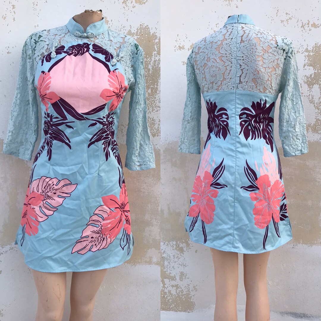 Mandarin-cheongsam, Mao Collared '90's Fitted Dress in Ciel Blue and ...