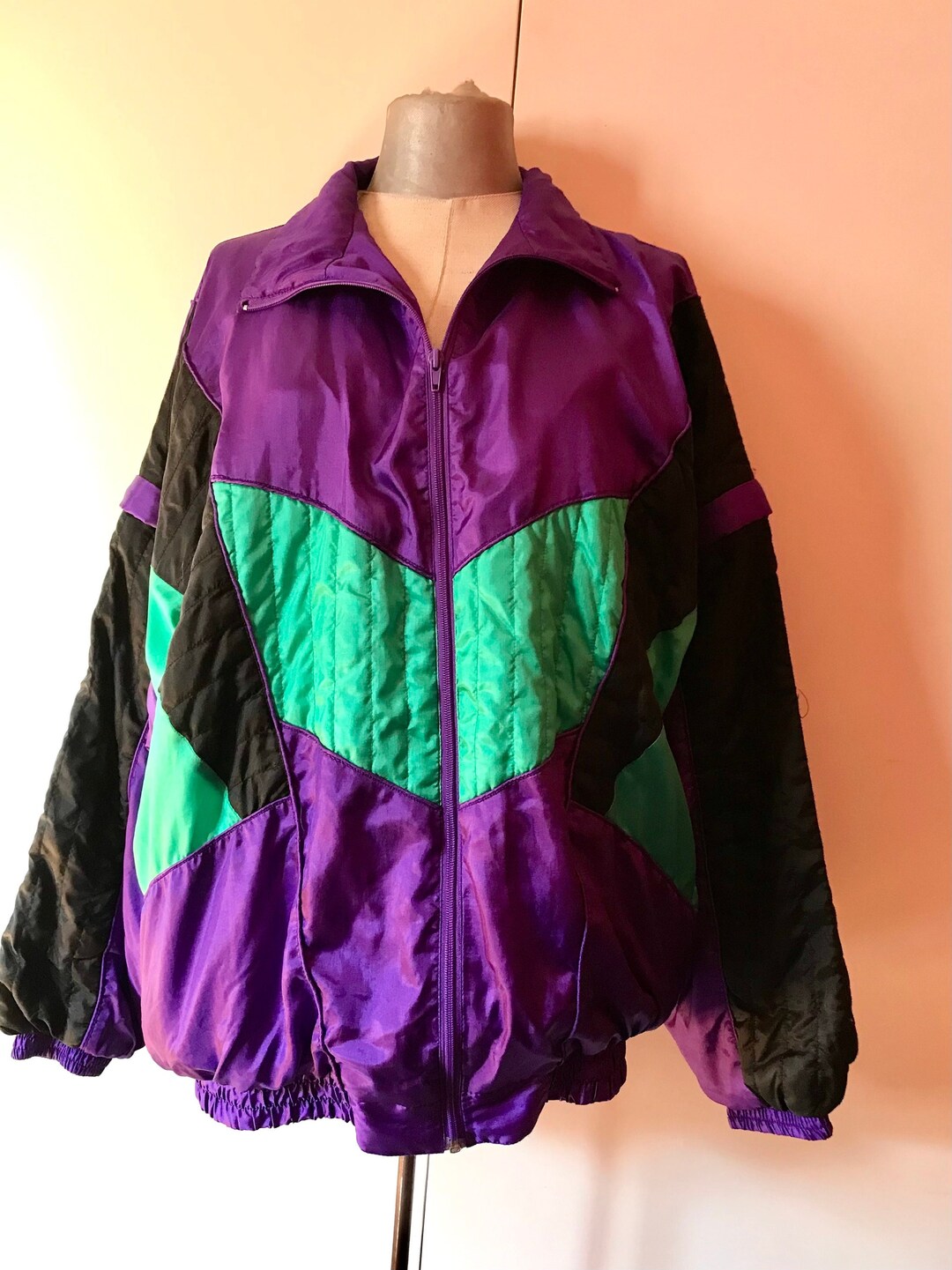 80s Oversized Track Jacket in Purple, Black & Bright Green, Colorblock ...