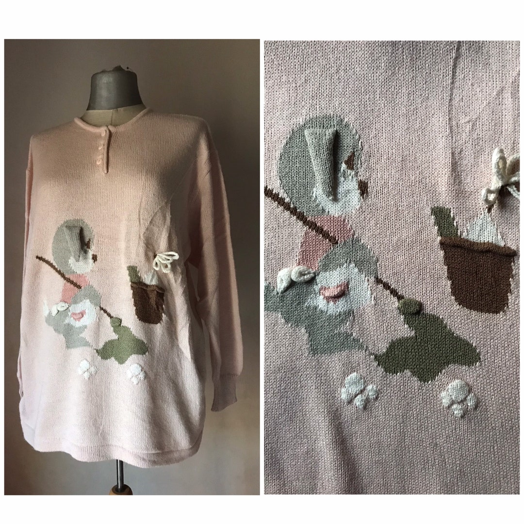 Pale Pink 80s Loose, Big & Long Funny Sweater With Appliqué/stitched ...