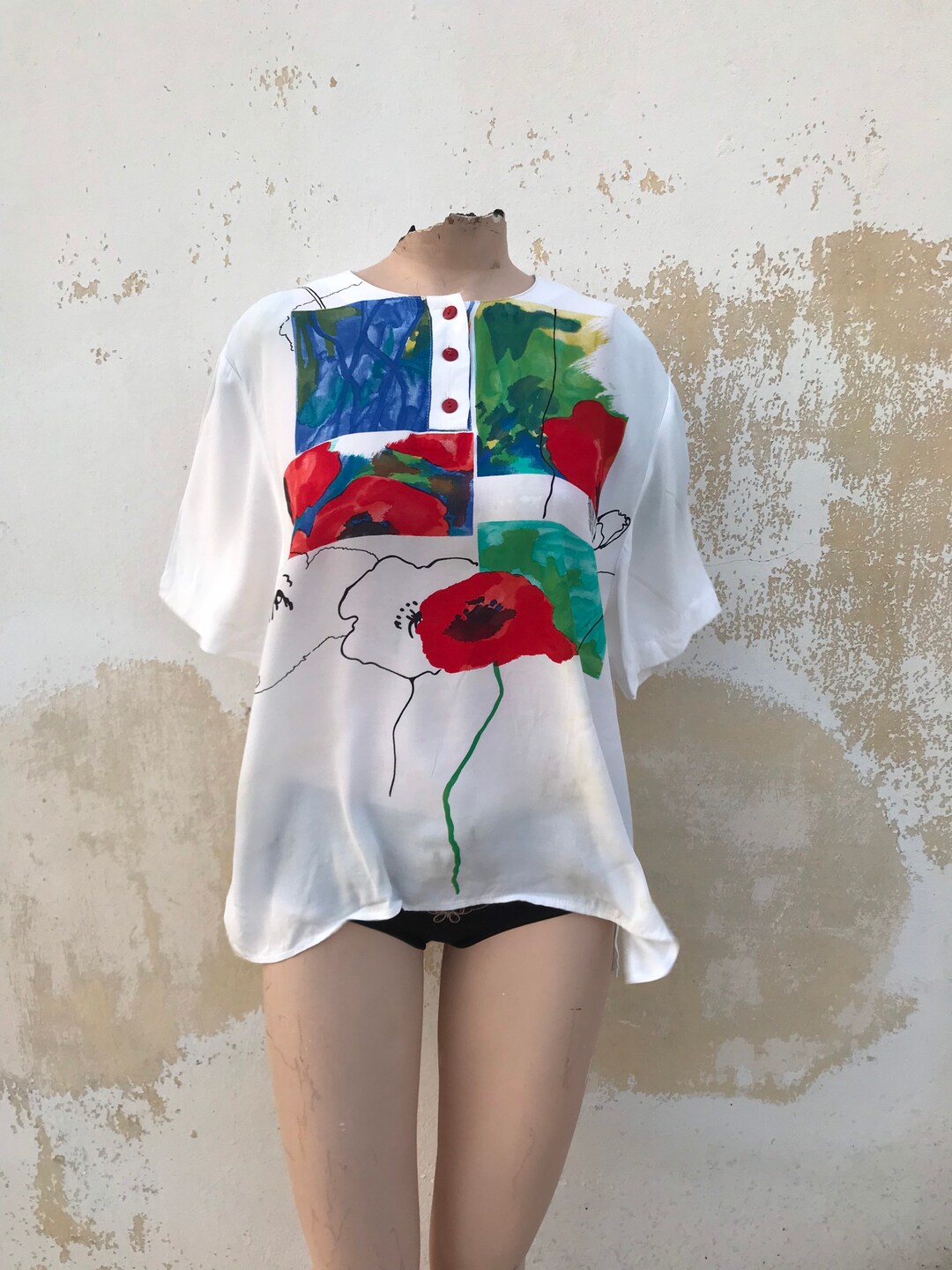 Crazy Patterned 80s Henley Loose Blouse Features Prints Like - Etsy