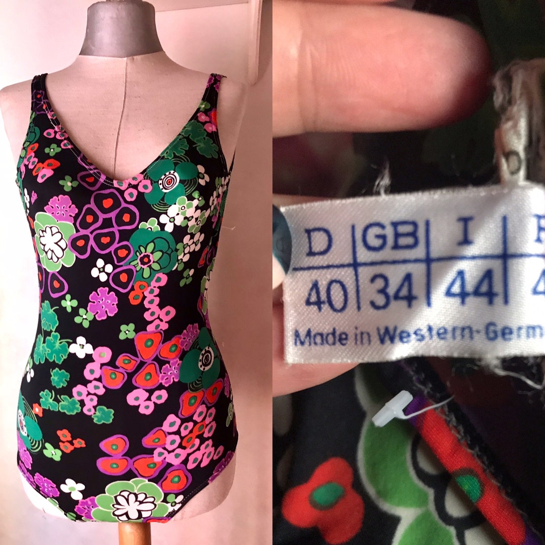 1960s Floral Vintage One Piece Swimsuit With Padded, Pointed Cups by ...