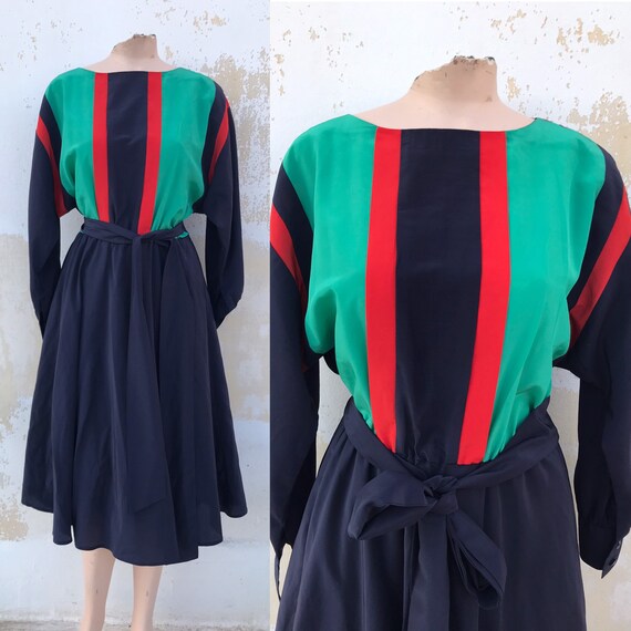 Colorblock 80s vintage dark blue dress with green and… - Gem