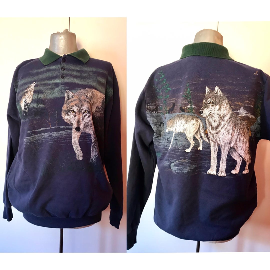 Wolf Sweatshirt 80s Vintage in Dark Blue With Contrasting Pine Green ...