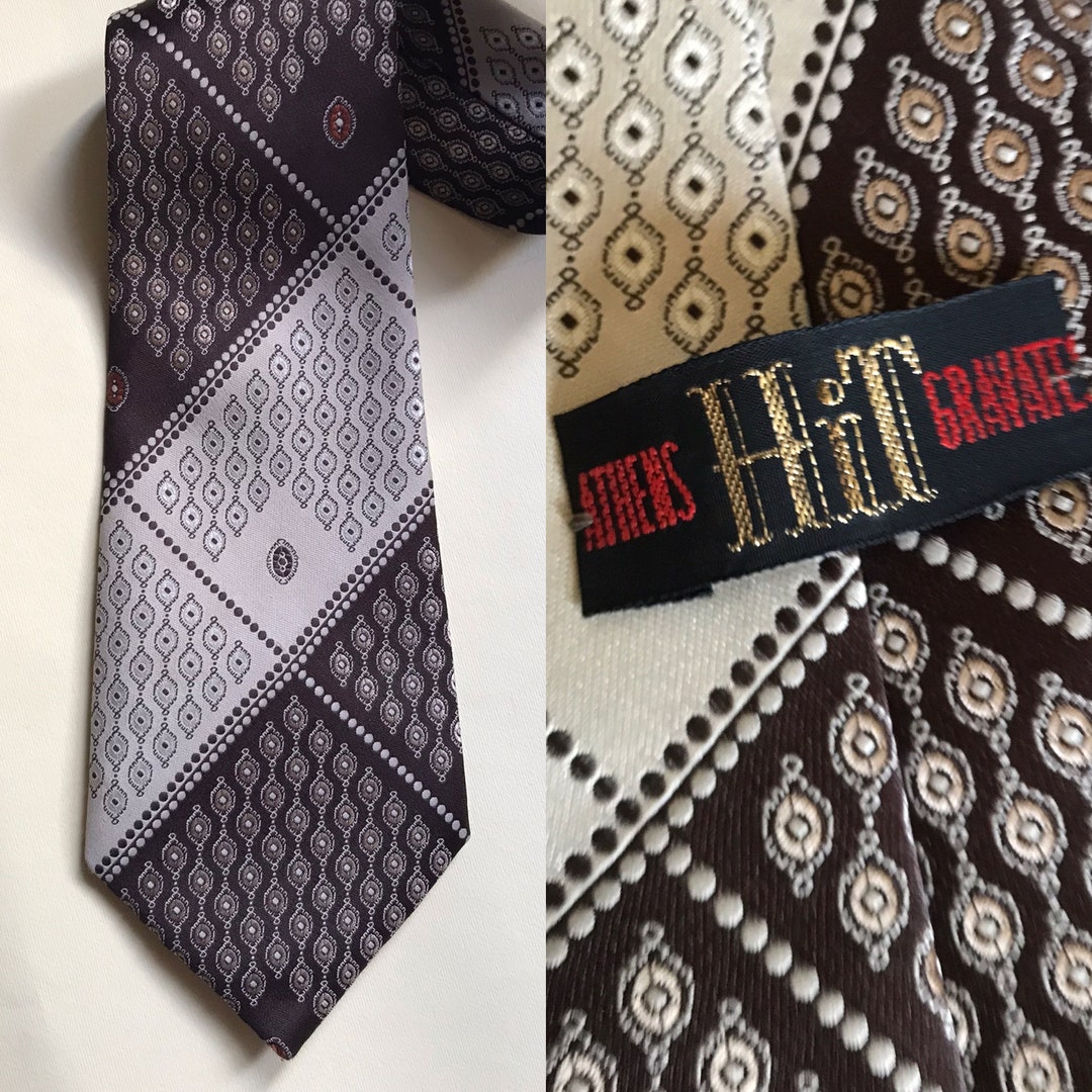 Beige/brown 70s Bell Wide Geometric/diagonal Striped Necktie Made With Trevira Fabric, in Athens ...