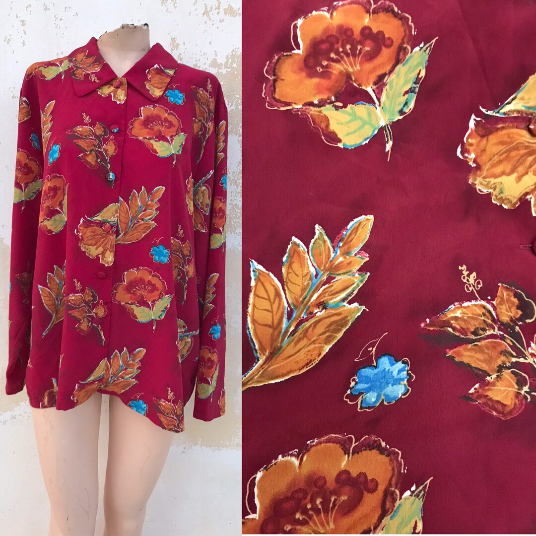 Crimson Red 90s Vintage Oversized Shirt, Features Watercolor Styled ...