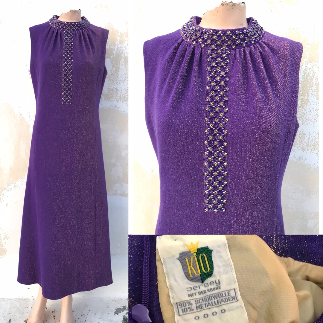 Deep Purple Sparkling Gold 60's Luxurious Woolen Long Gown With ...