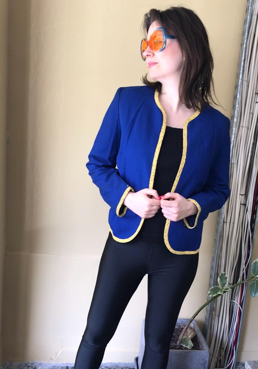 Linen Buttonless 80s Vintage Electric Blue Blazer With Contrasting ...