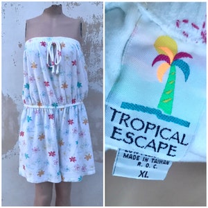 80s Terry Cloth Strapless Jumpsuit Features Floral Print on White ...
