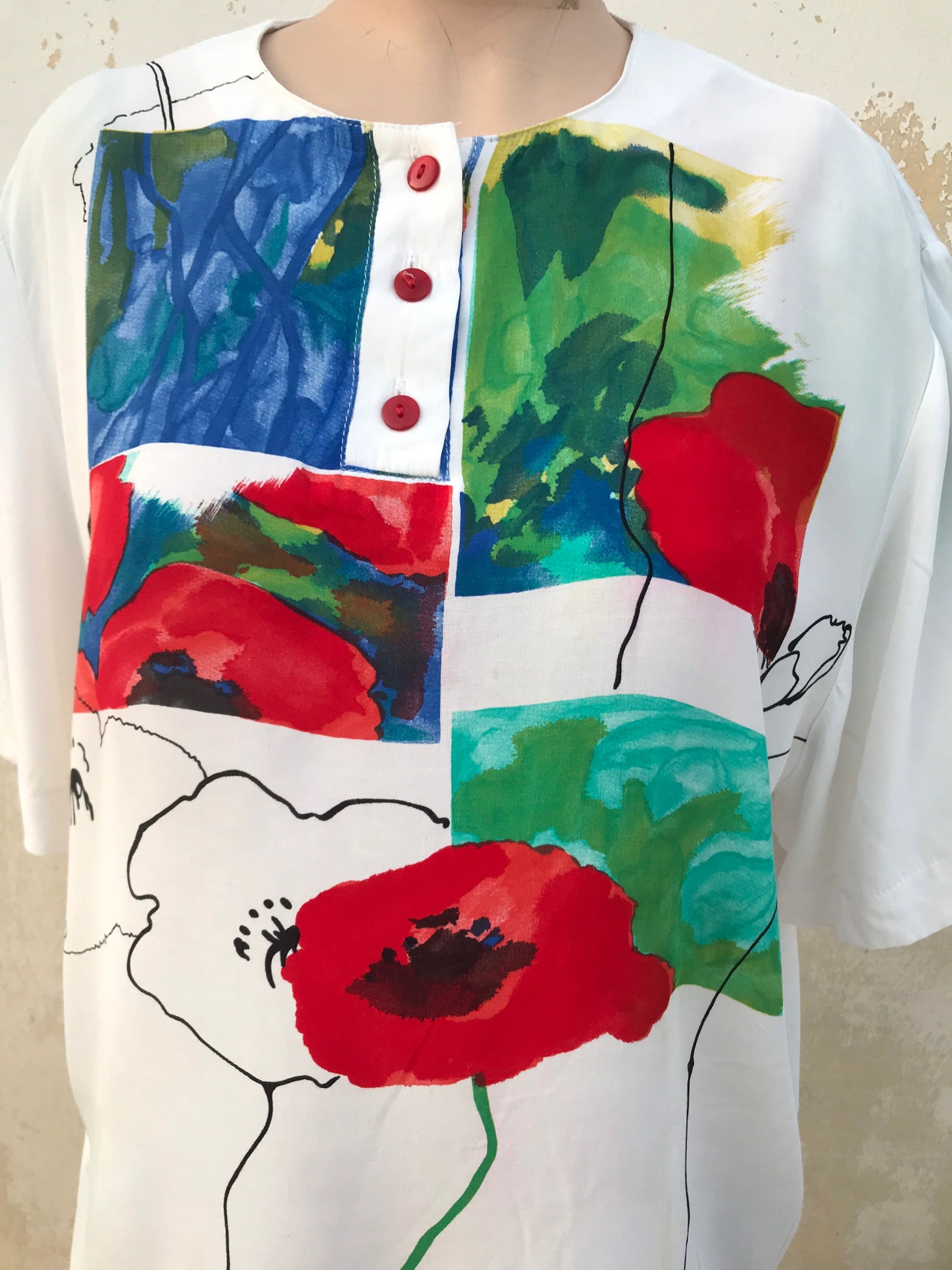 Crazy patterned 80s Henley loose blouse features prints like | Etsy