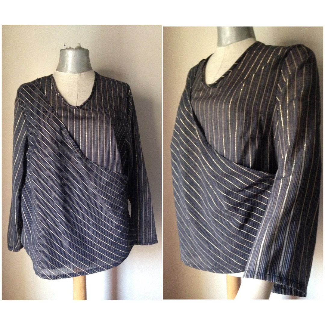 80s Indian Saree Style Sheer Striped Blouse Panel/cotton Blue-grey Gold ...