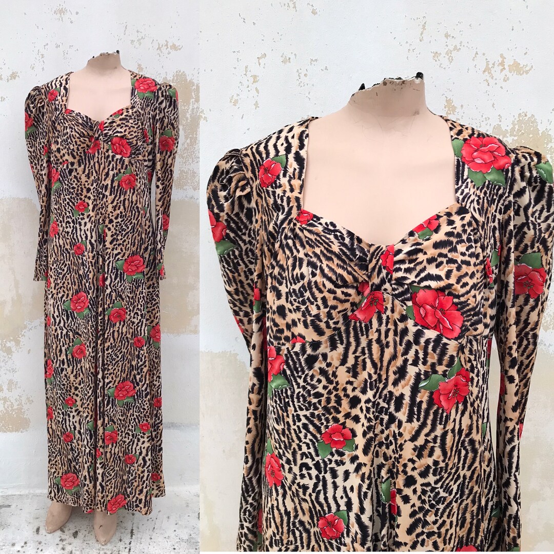1980s Maxi Kitschy Dress Featuring Bold Floral Prints Mixed With ...