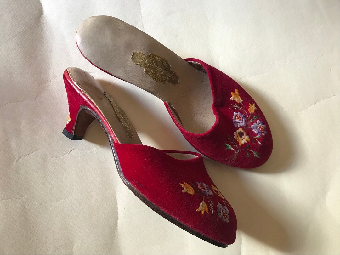 Red Velvet Sleepers With Kitten Heels, Embroidered Floral Design at the ...