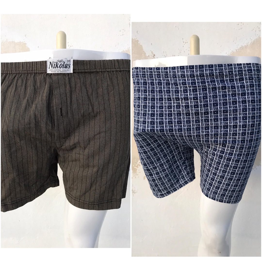 Herringbone Brown and Geometric Blue Two Cotton Underwear 80s Vintage ...