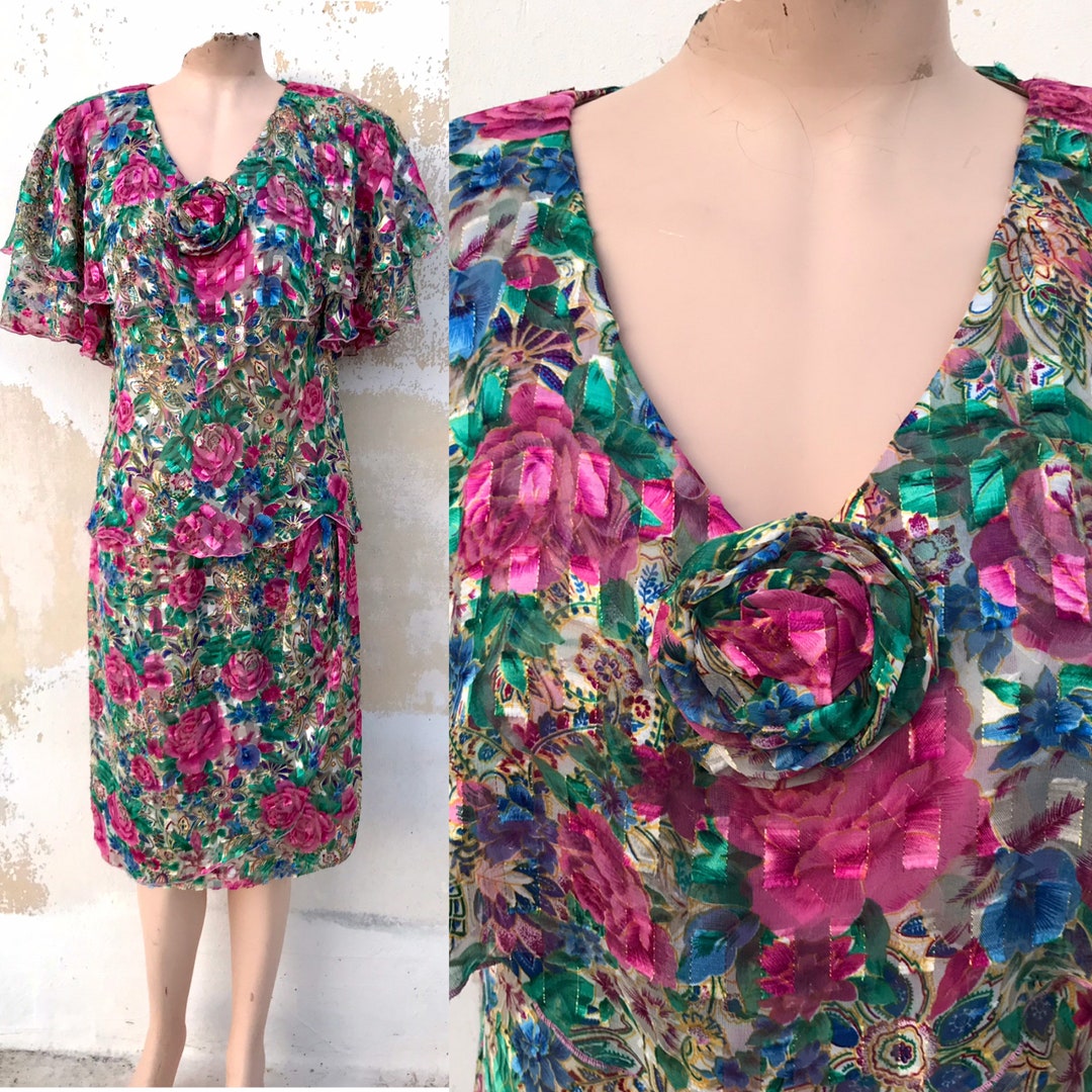 Sheer Floral 80s Vintage Layered Dress With Capelet, Appliqué Rose on ...