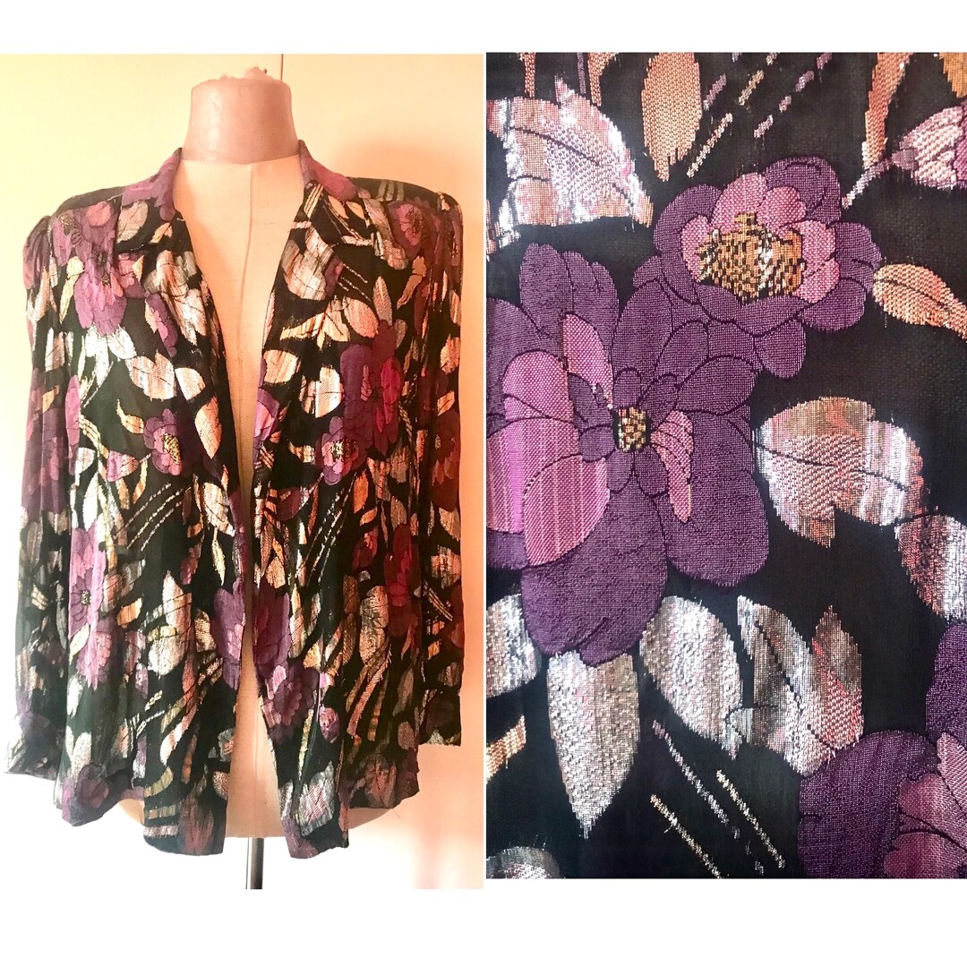 Dramatic Early 80s Vntg Glam Buttonless Blazer Featuring Lilac, Gold ...