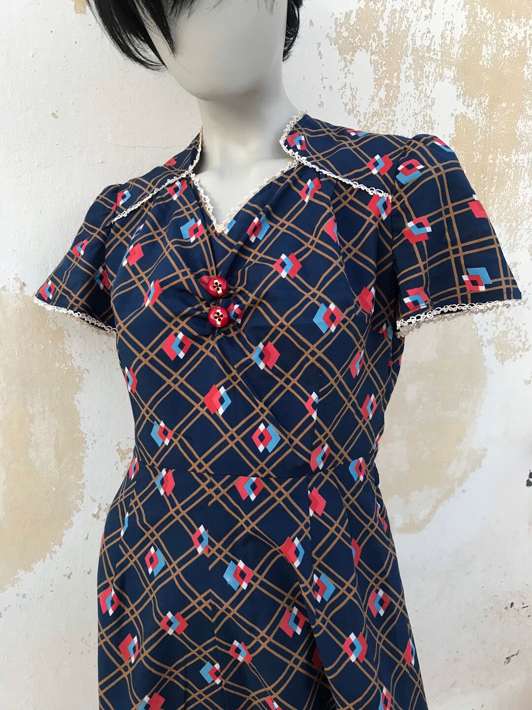60s Does 40s Vintage A-line Dress With Rhombus Pattern in Dark Blue Red ...
