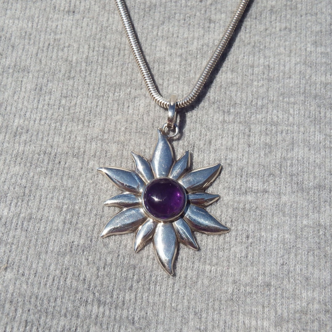 Sterling Silver Sun Pendant: Amethyst Gemstone Boho Jewelry Star Burst ...