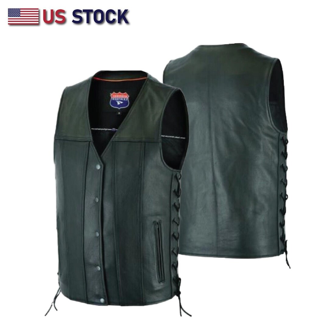 Men Premium Feel Motorcycle Leather Biker Vest Side Lace Conceal Carry ...