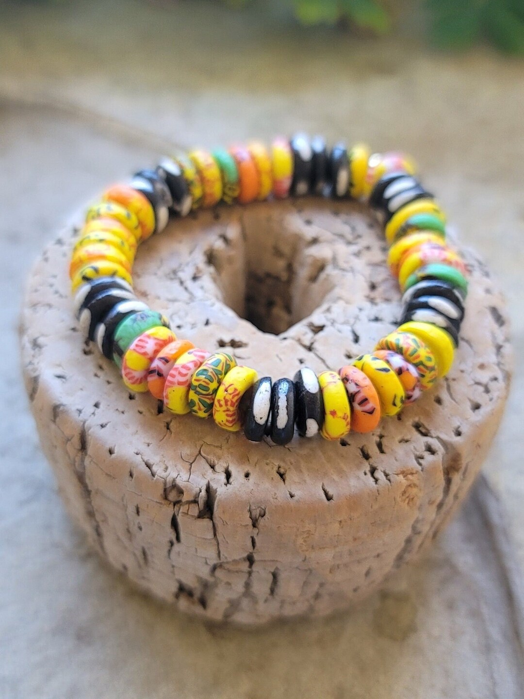 Bright Ghana Yellow Green Recycled Glass Bone and Gold Beaded Stackable ...