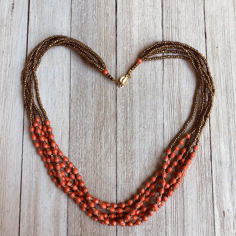Musana Handmade Multi Strand Beaded Necklace rustic Red With Gold Seed ...