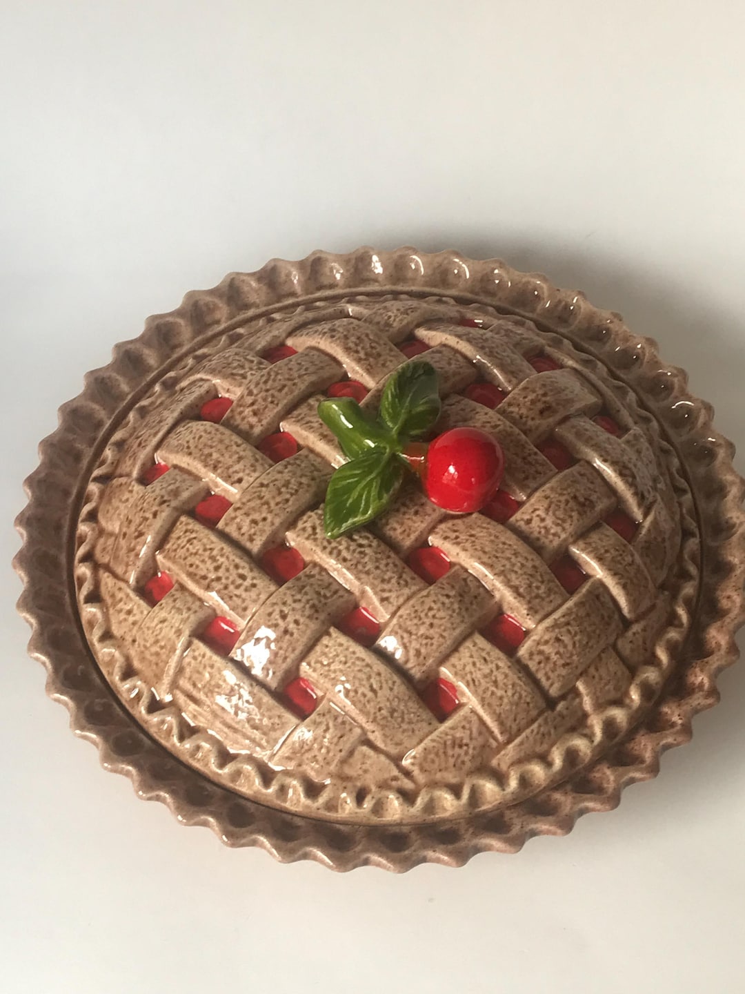 Vintage Ceramic Covered Cherry Pie Keeper Cloche, Pie-shaped Lidded Pie Plate, Cherry Pie Art ...