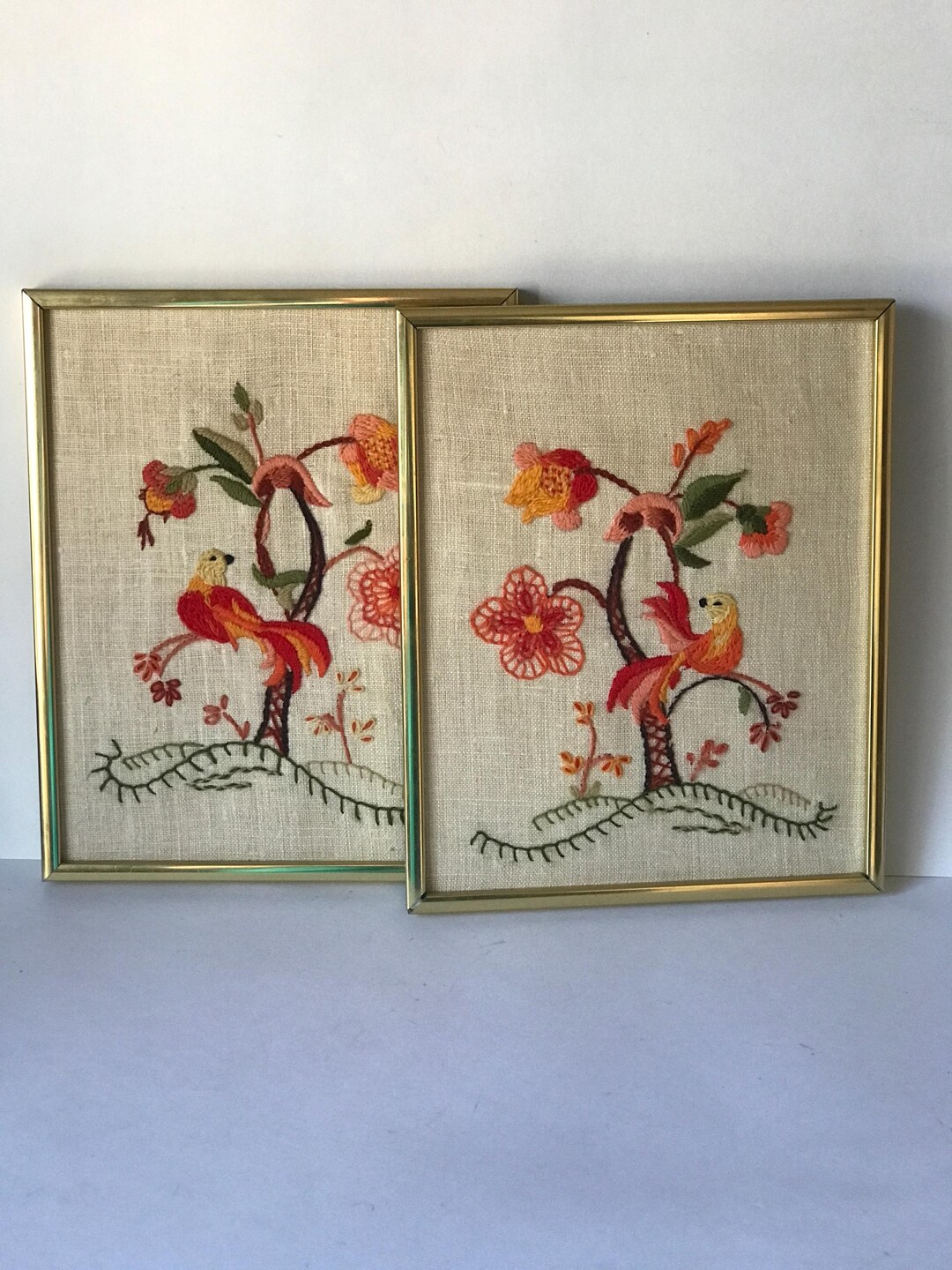 Vintage Framed Bird Crewel Set, Floral Crewel Embroidery Retro Birds 70 ...