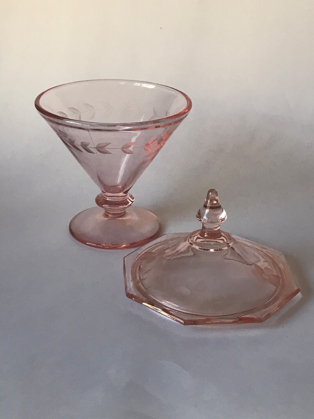 Vintage Pink Depression Etched Glass Candy Jar With Lid, Pink Glass ...