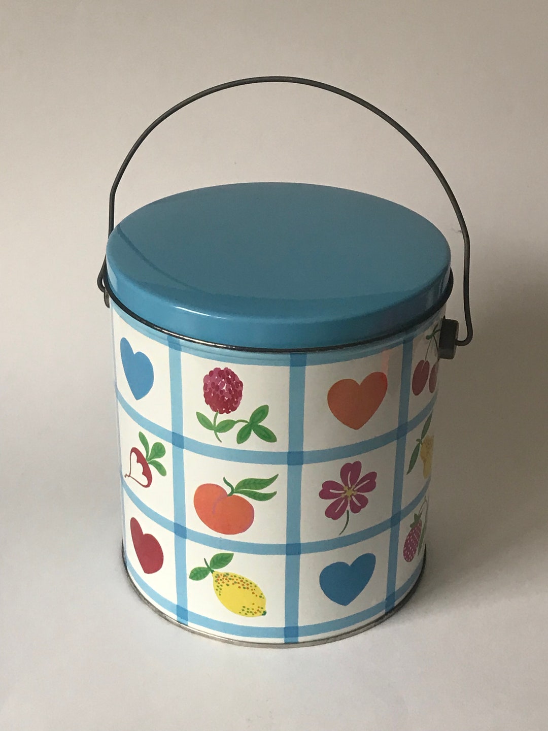 Vintage Fruit and Vegetable Gingham Bucket Tin With Handle, Design by ...