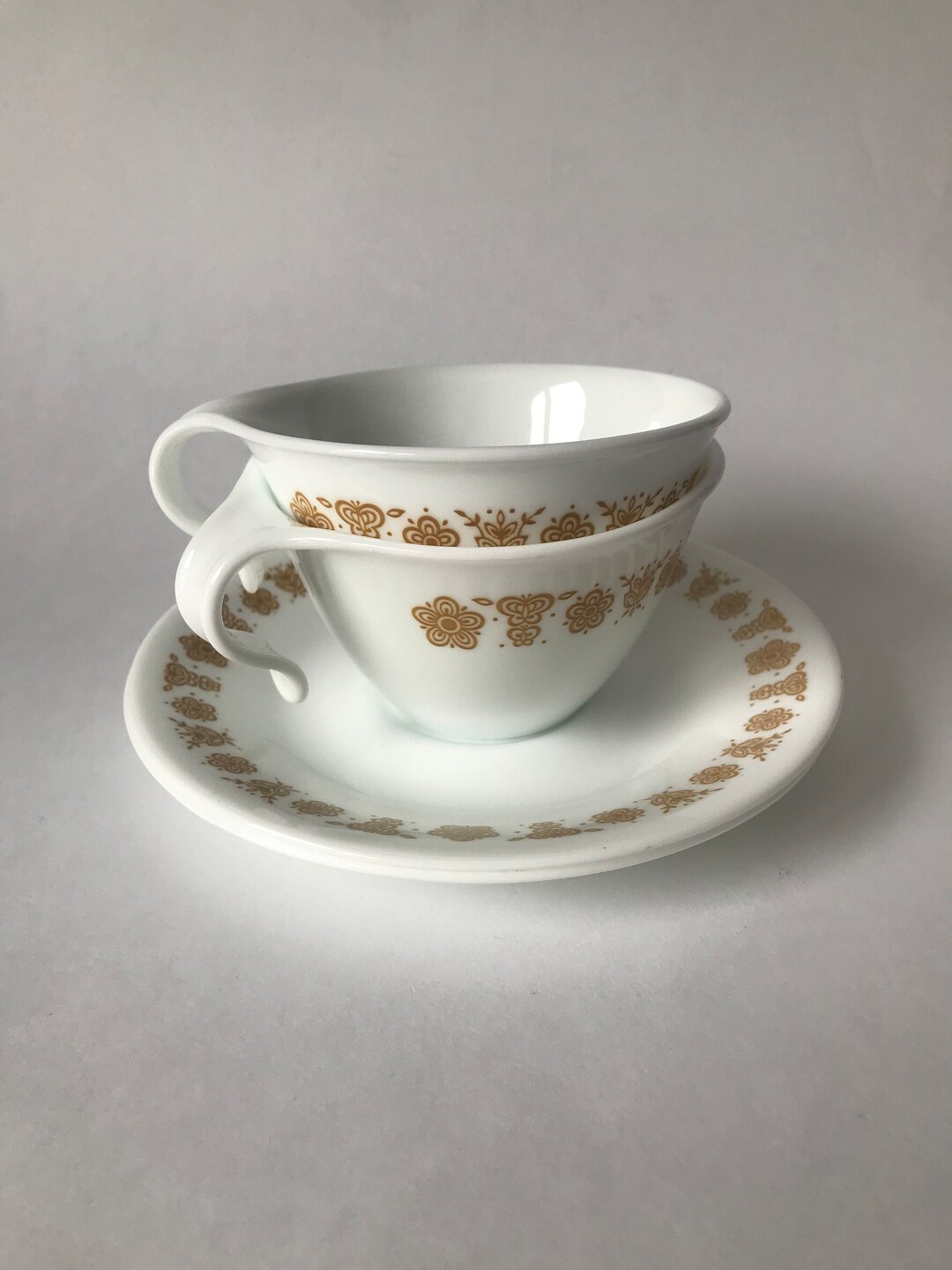 Pyrex Corelle Butterfly Gold Hook Handle Tea Cup With Saucer, Stackable ...