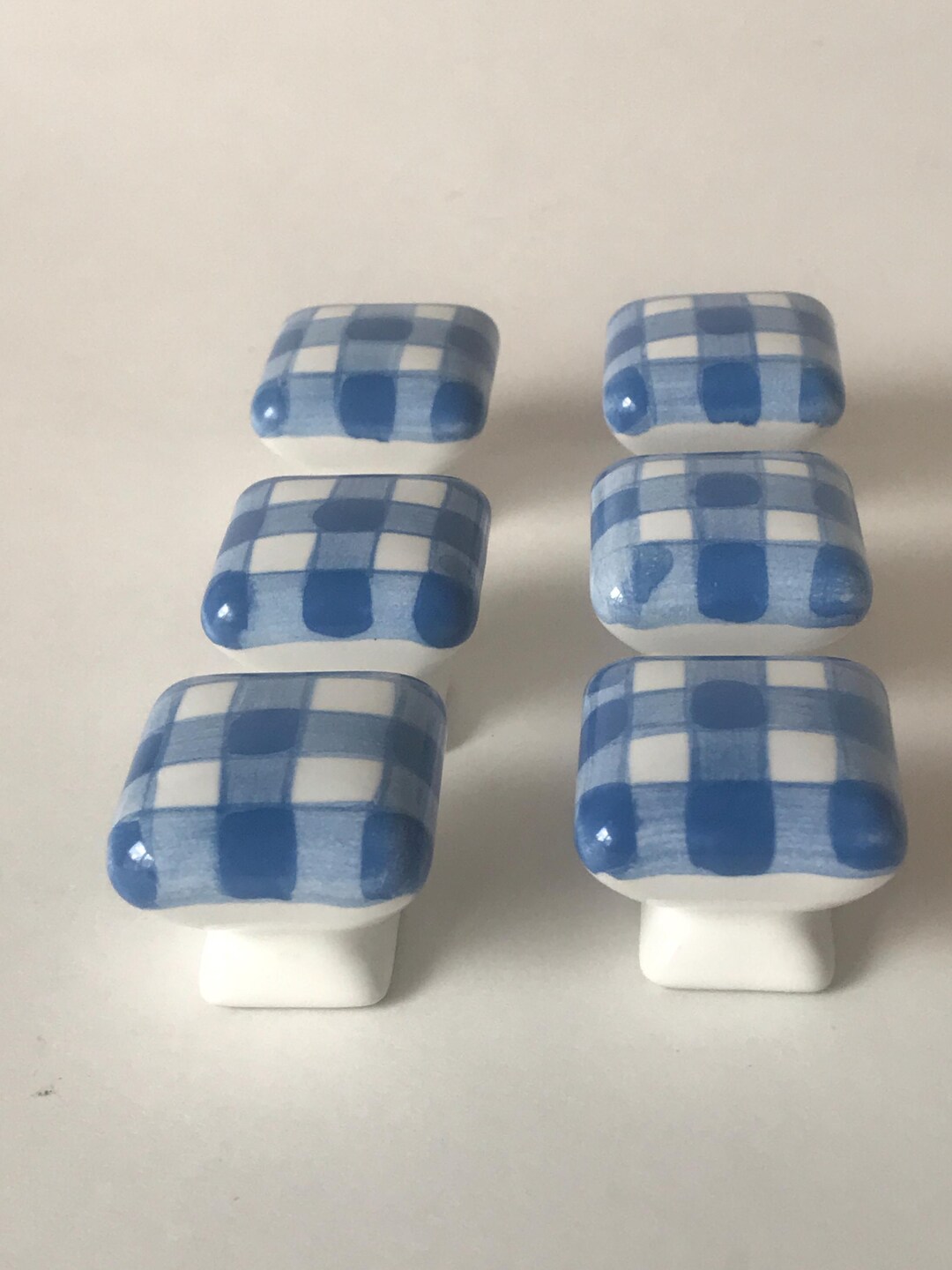 Vintage Painted Porcelain Cabinet Drawer Hardware, Blue and White Check, Delft Blue Floral ...