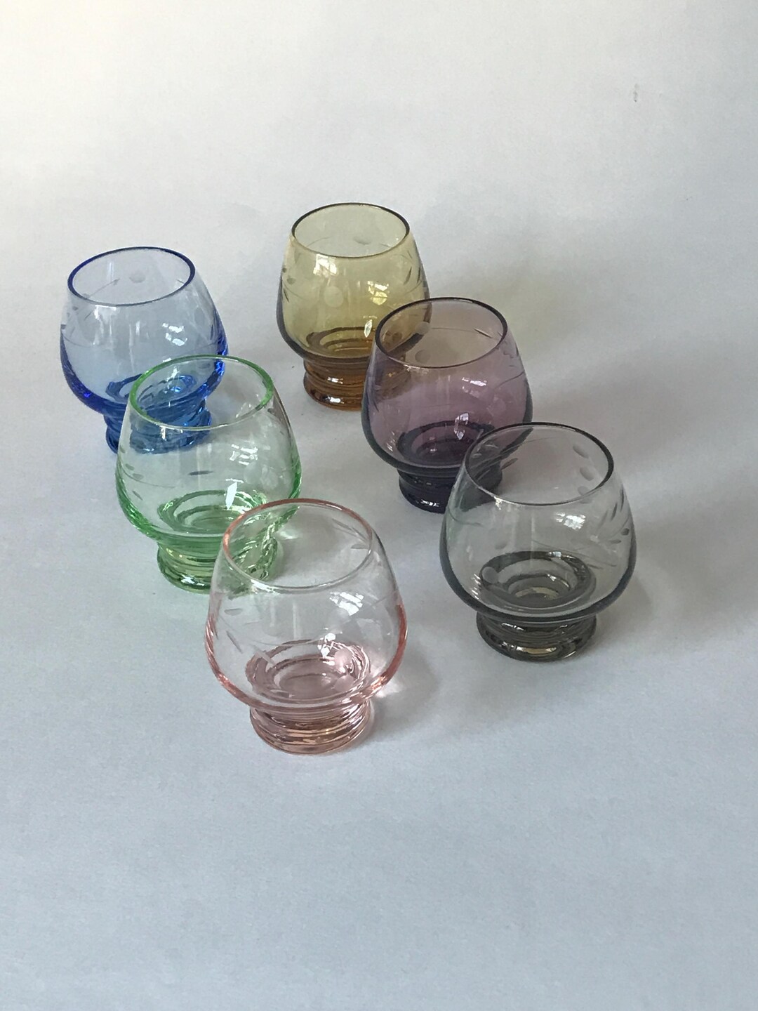 Vintage Etched Rainbow Glass Sake Shot Glass Set in Box, Miniature ...