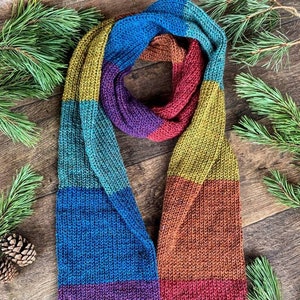 Knitted Scarf, Long Rainbow Scarf, Vegan Scarf, Colour Block Stripes ...