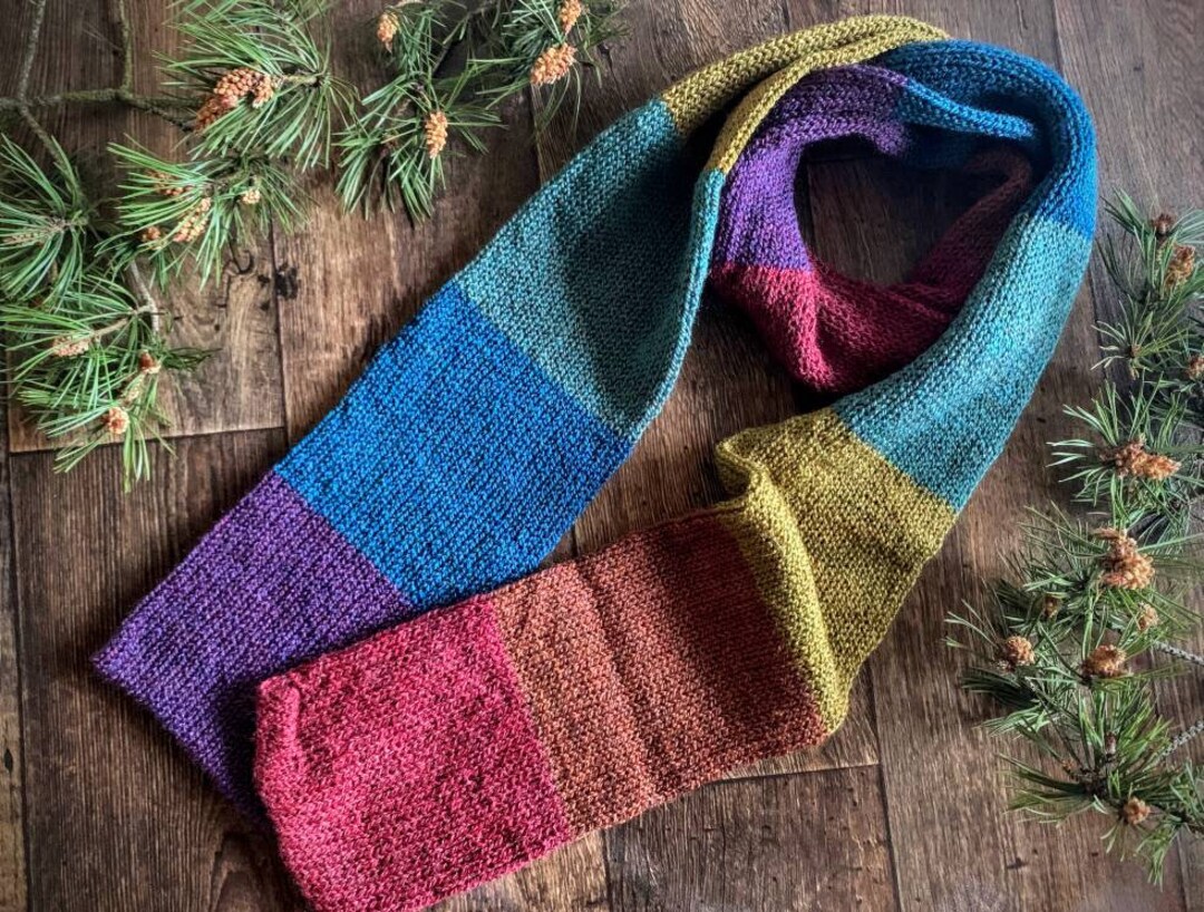 Knitted Scarf, Long Rainbow Scarf, Vegan Scarf, Colour Block Stripes ...