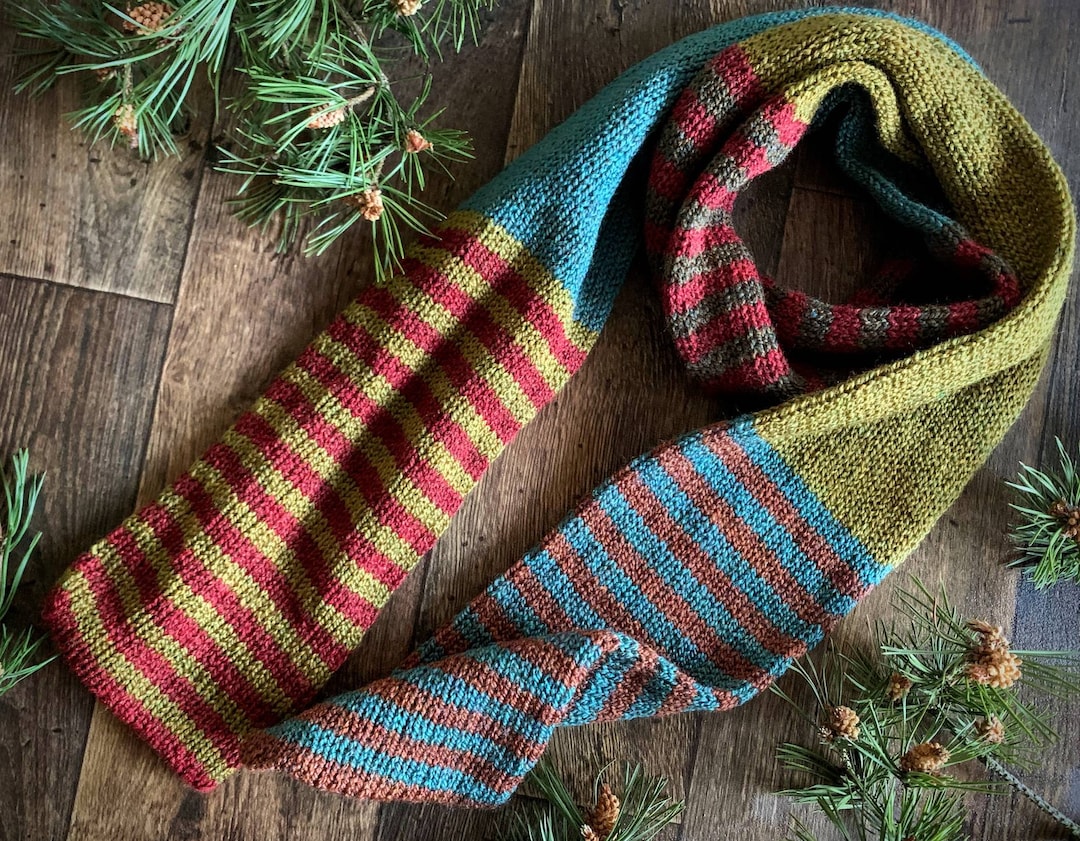 Knitted Stripe Long Scarf: Vegan Colour Block Stripes Autumn Tweed ...
