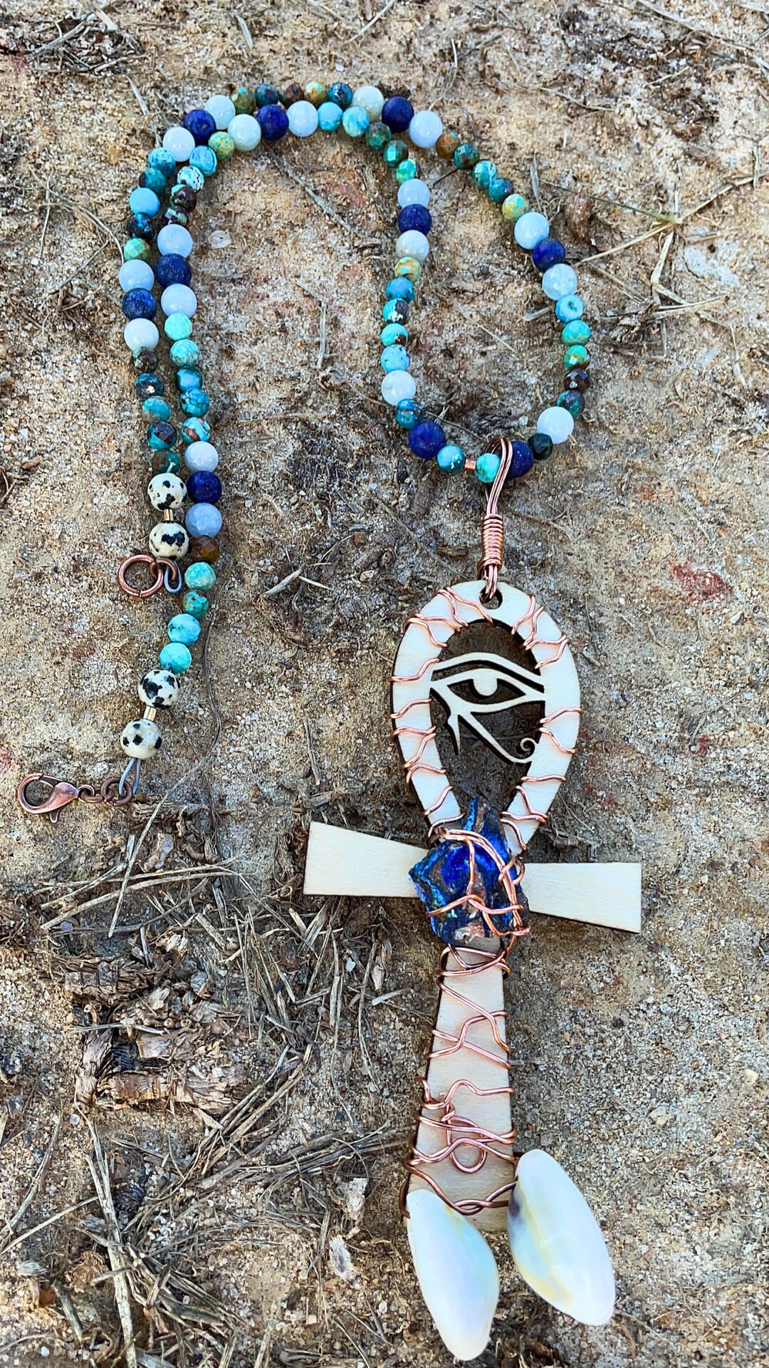Natural Azurite With Malachite on Wooden Ankh Copper Wire Wrapped ...