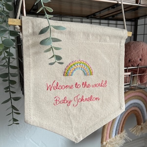 Personalised Welcome to the World Wall Banner Flag, Hand Embroidered ...