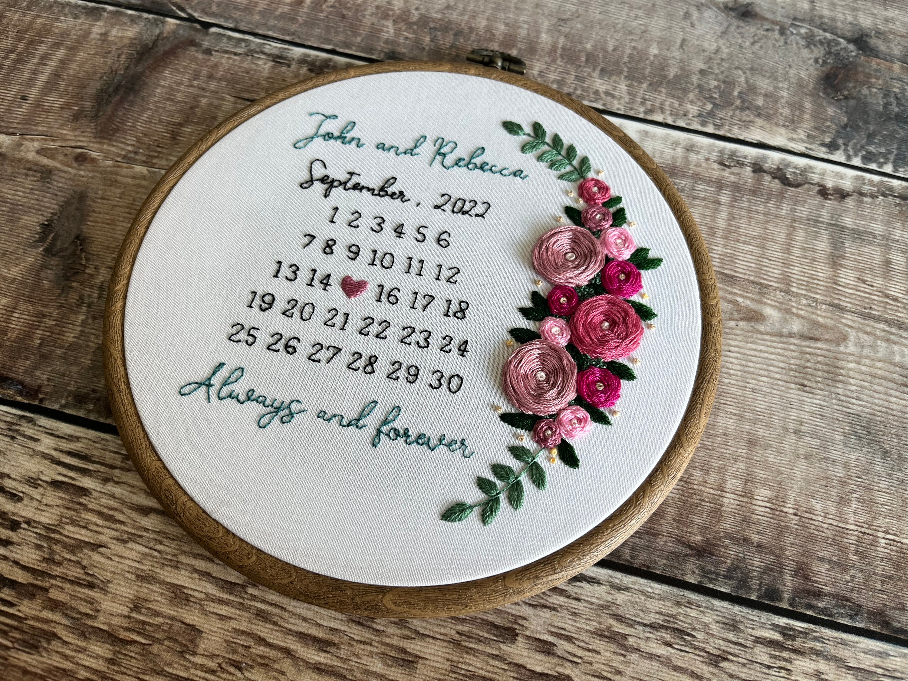 Beautiful Wedding Calendar Hand Embroidered Hoop, Wedding Gift ...