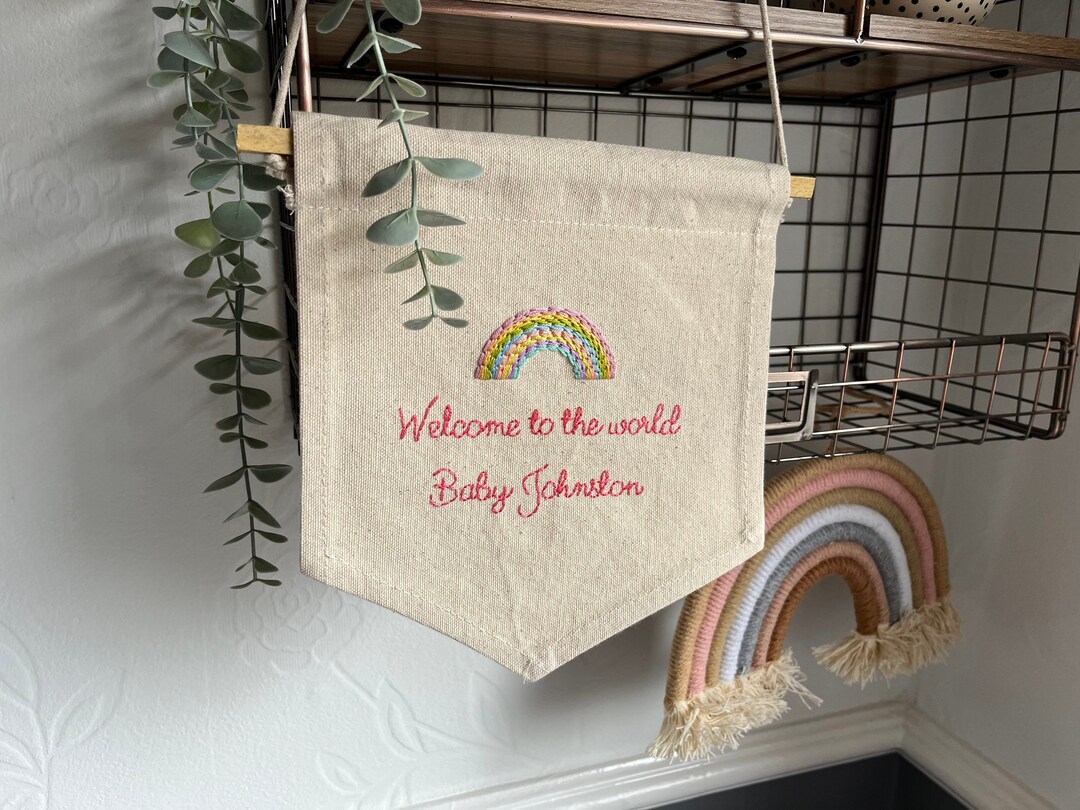 Personalised Welcome to the World Wall Banner Flag, Hand Embroidered ...