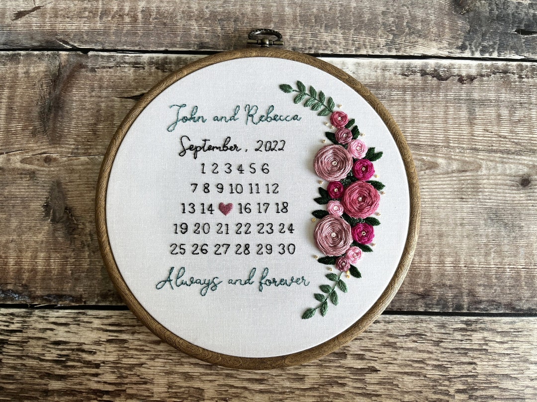 Beautiful Wedding Calendar Hand Embroidered Hoop, Wedding Gift ...