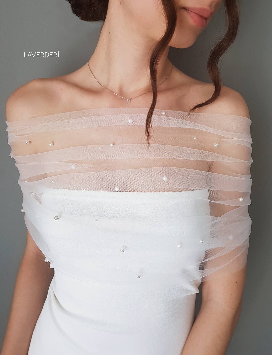 Off the Shoulder Tulle Bridal Wrap SWAROVSKI Pearls Wedding - Etsy UK