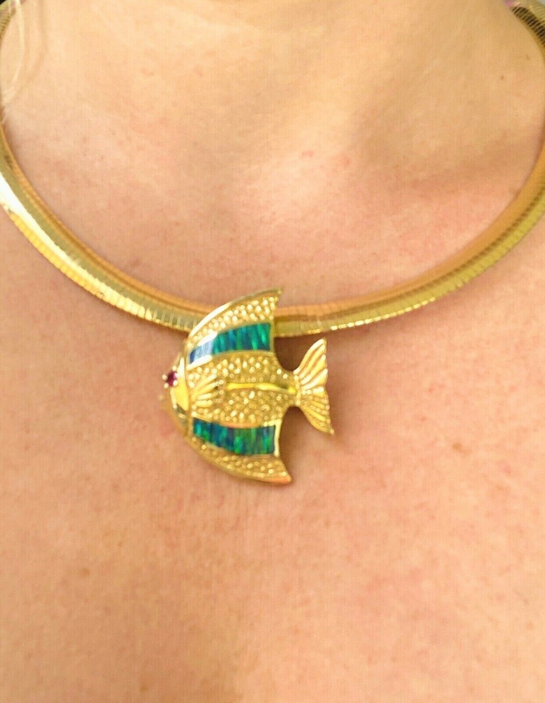 14K Yellow Gold Angel Fish Pendant With Ruby Eye and Opal Scales - Etsy