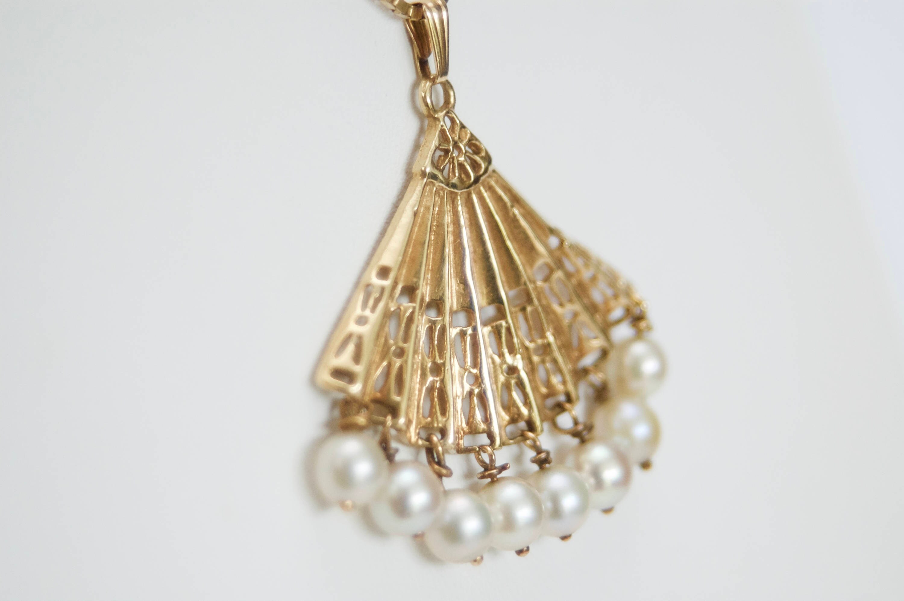14K Yellow Gold Hand Fan Pendant W Eight Natural Pearls 4.1grams - Etsy